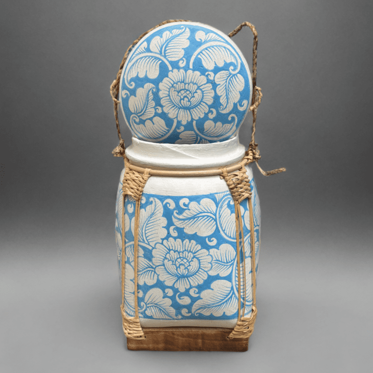 Bamboo Rice Box Light Blue with Floral Design - Lanna Souvenirs